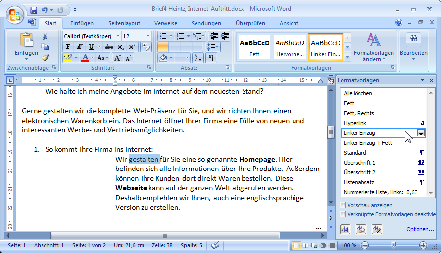 Der Aufgabenbereich Formatvorlagen